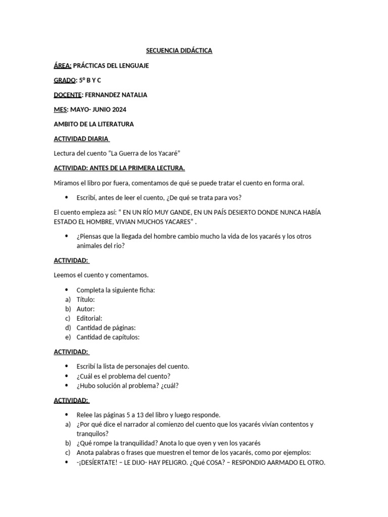 SECUENCIA DIDÁCTICA La Guerra de Los Yacares | PDF