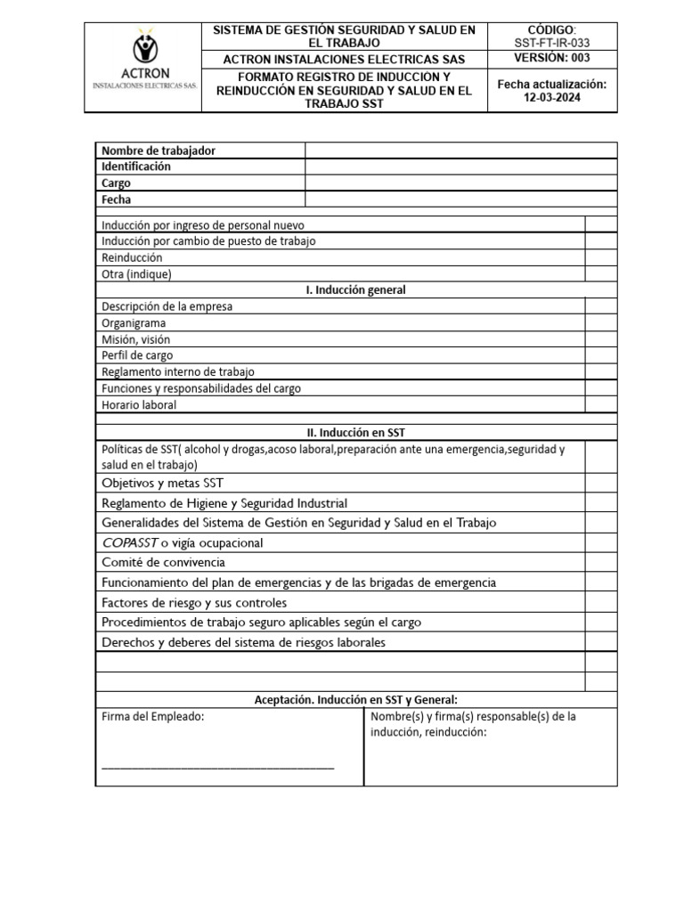 FT-SST-026 Formato Registro de Inducción Reinducción | PDF