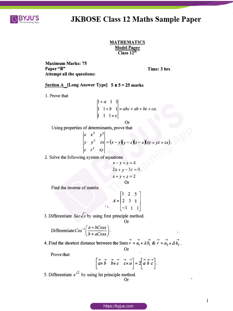 JKBOSE Class 12 Maths Model Paper 2023 | PDF | Matrix (Mathematics ...