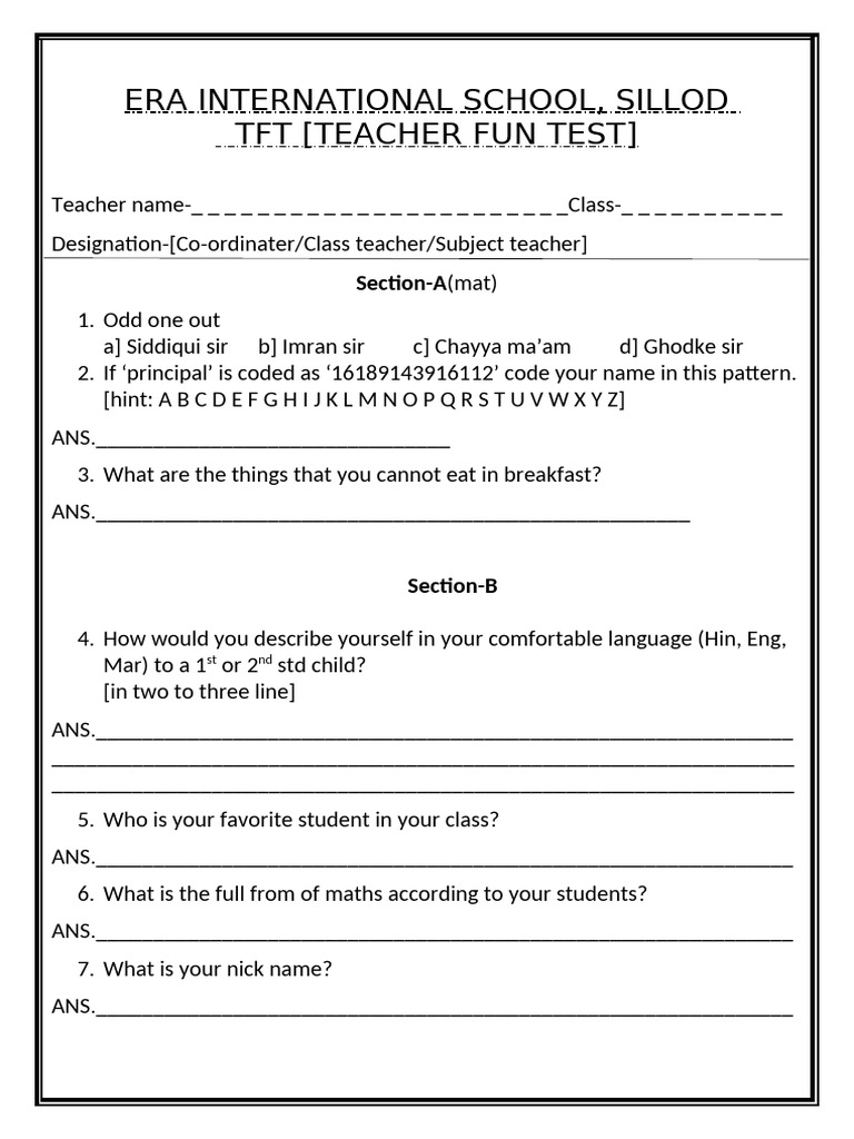 TFT (Teacher Fun Test) | PDF