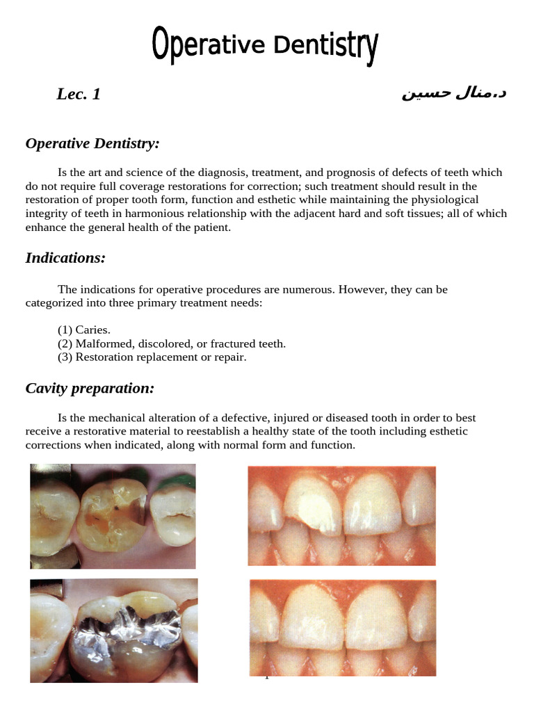 1 - Introduction To Operative Dentistry | PDF | Human Tooth | Dentistry