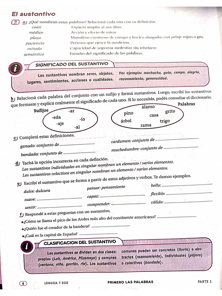 Actividades para ejercitar sustantivo, adjetivo y verbo | PDF