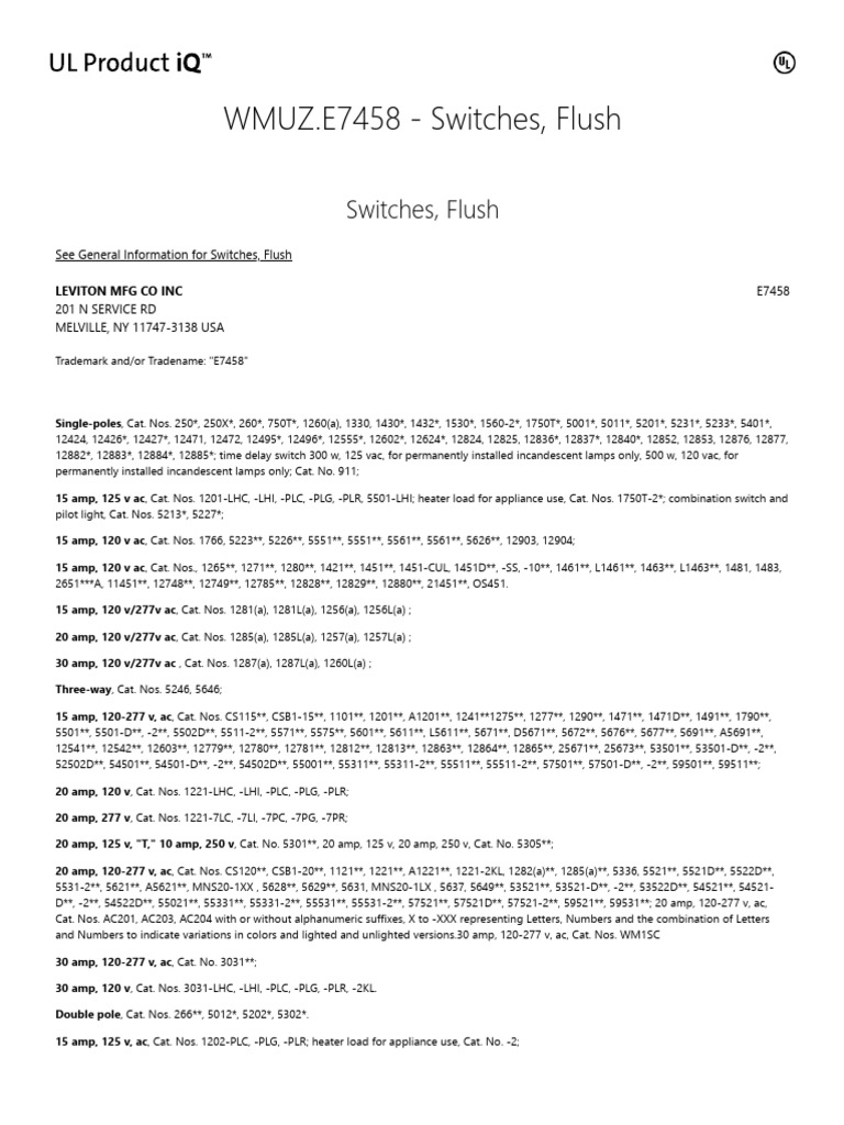 WMUZ.E7458 - Switches, Flush - UL Product Iq | PDF | Light | Electrical ...