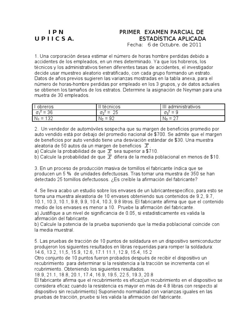 Examen Parcial de Estadística Aplicada | PDF | Muestreo (Estadísticas ...