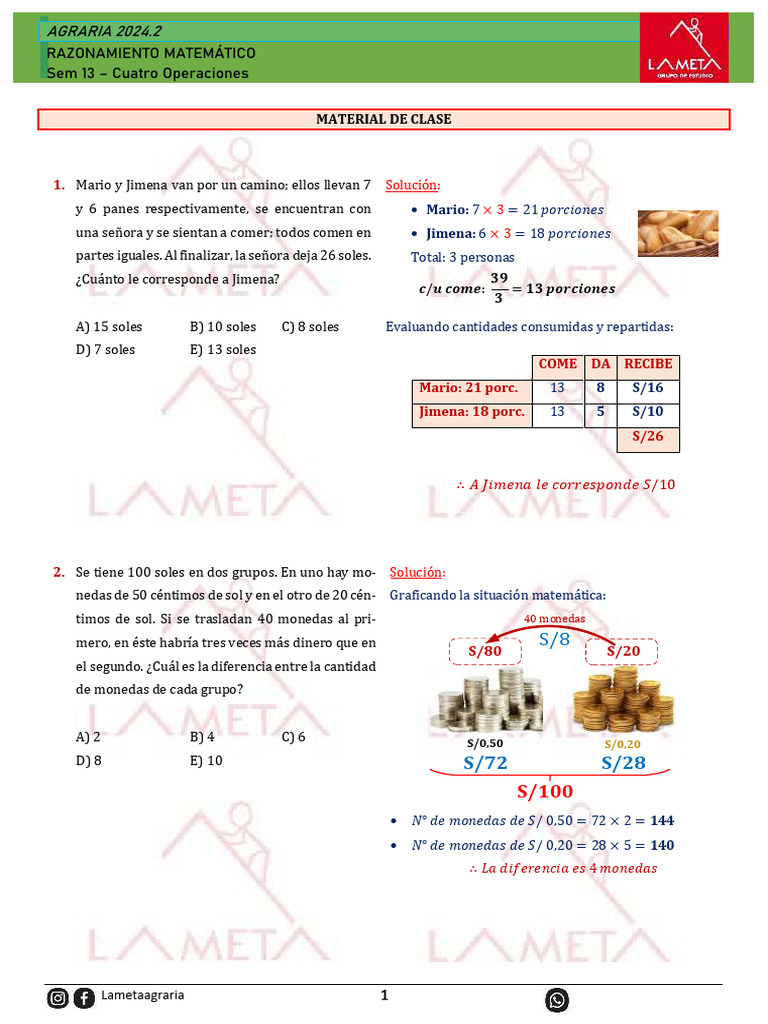 AGre RM 13 - Cuatro Operaciones (Solucionario 2024 - 2) | PDF