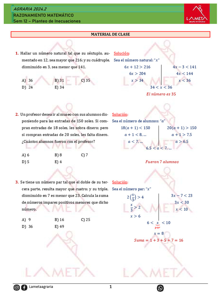 AGre RM 12 - Planteo de Inecuaciones (Solucionario 2024 - 2) | PDF
