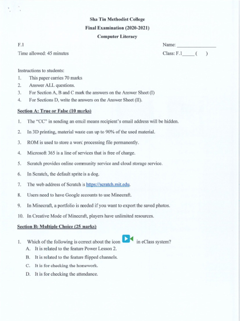 2021_F1_Final_Exam-Computer-Q&A | PDF