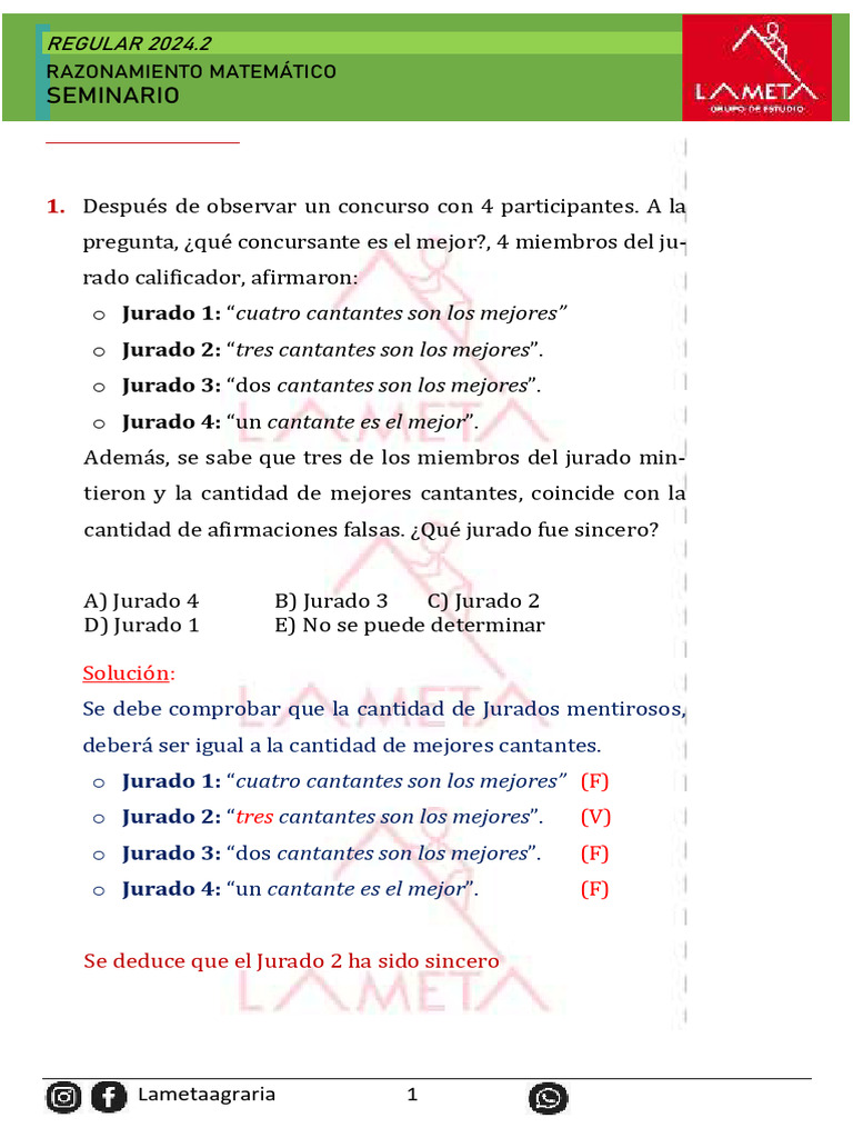 AGreg - RM Sem 15.2.SEMINARIO II 7 JUL 2024 (Solucionario) | PDF | Lógica | Sintaxis (Lógica)