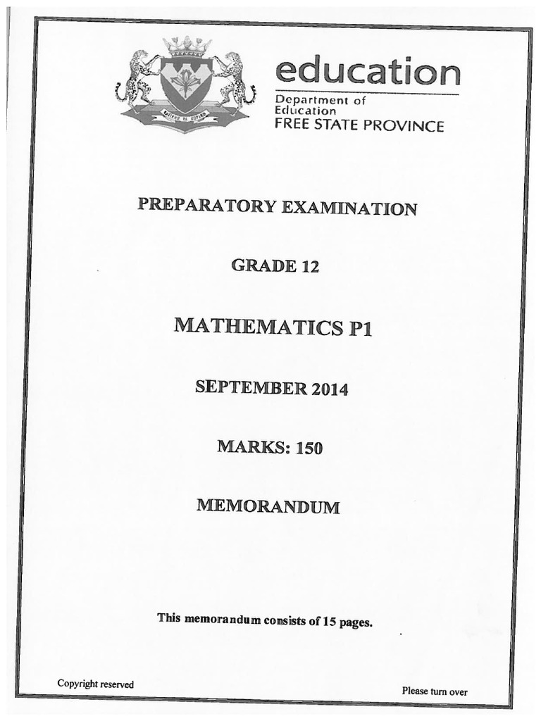 Free State Grade 12 Mathematics Paper 1 Memo Sptember 2014 Doc 1 | PDF