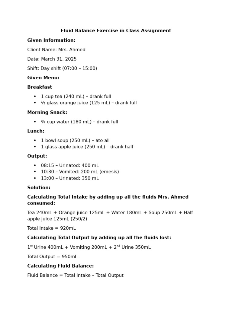 Fluid Balance Exercise | PDF
