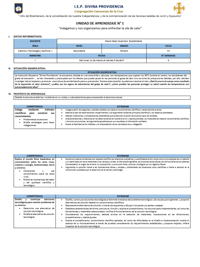 Unidad de Aprendizaje 01 Quimica 3ero | PDF | Átomos | Aprendizaje
