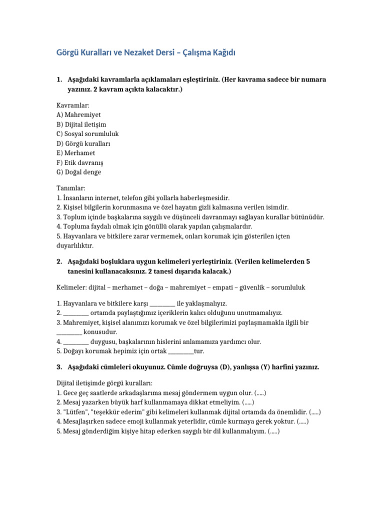 Gorgu Kurallari Ve Nezaket Calisma Kagidi | PDF
