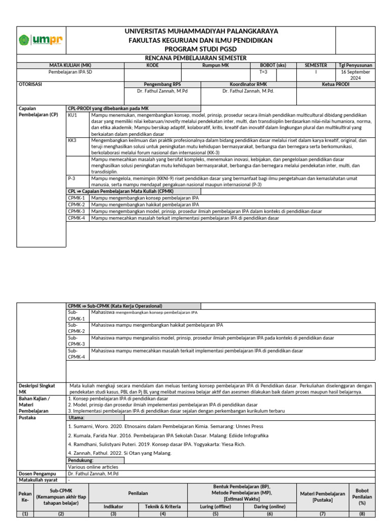 RPS-S1 Pembelajaran IPA | PDF