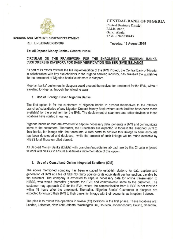 Circular On The Framework For The Enrolment of Nigerian Banks Customers in Diaspora For BVN ...
