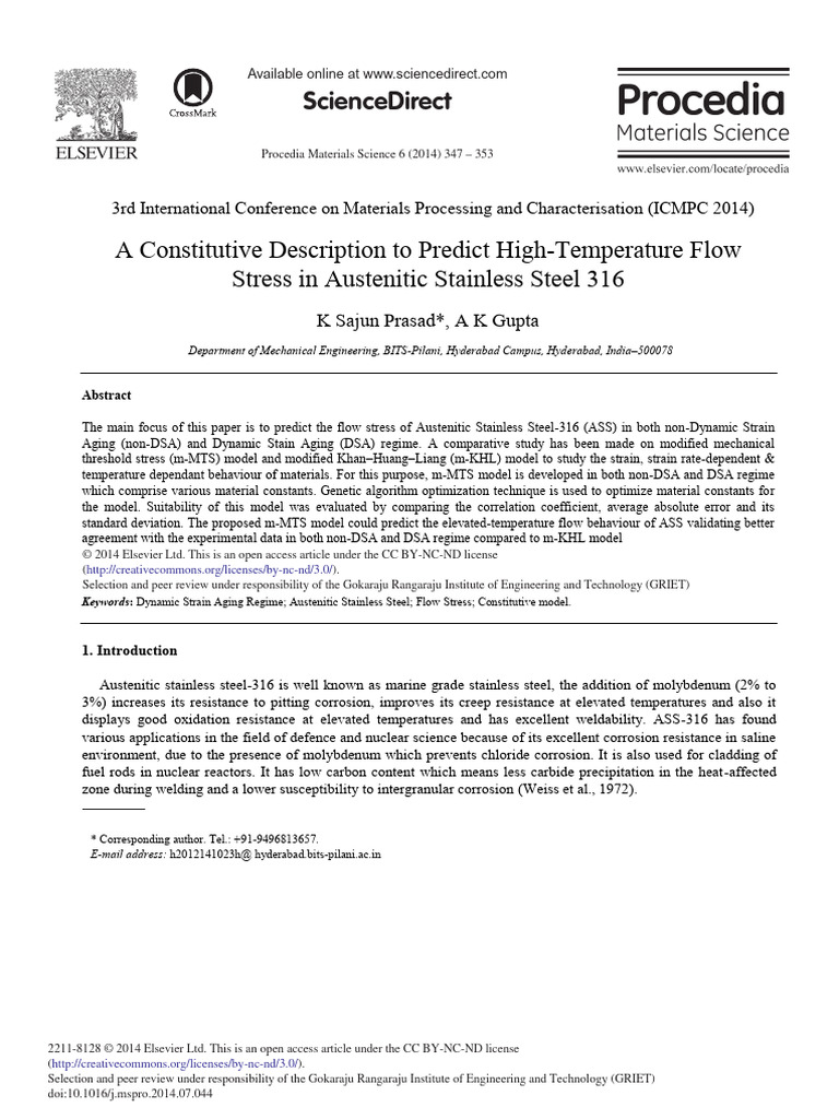 A Constitutive Description To Predict High Temperature Flow Stress in Austenitic Stainless Steel ...