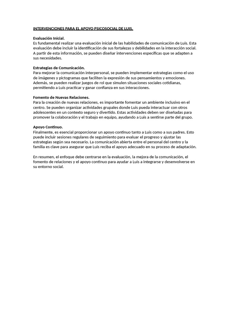 Intervenciones para El Apoyo Psicosocial de Luis | PDF