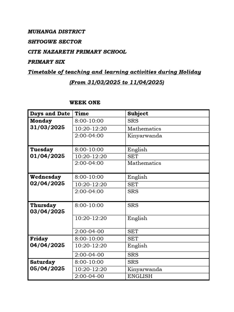 Holliday Timetable 2025 | PDF