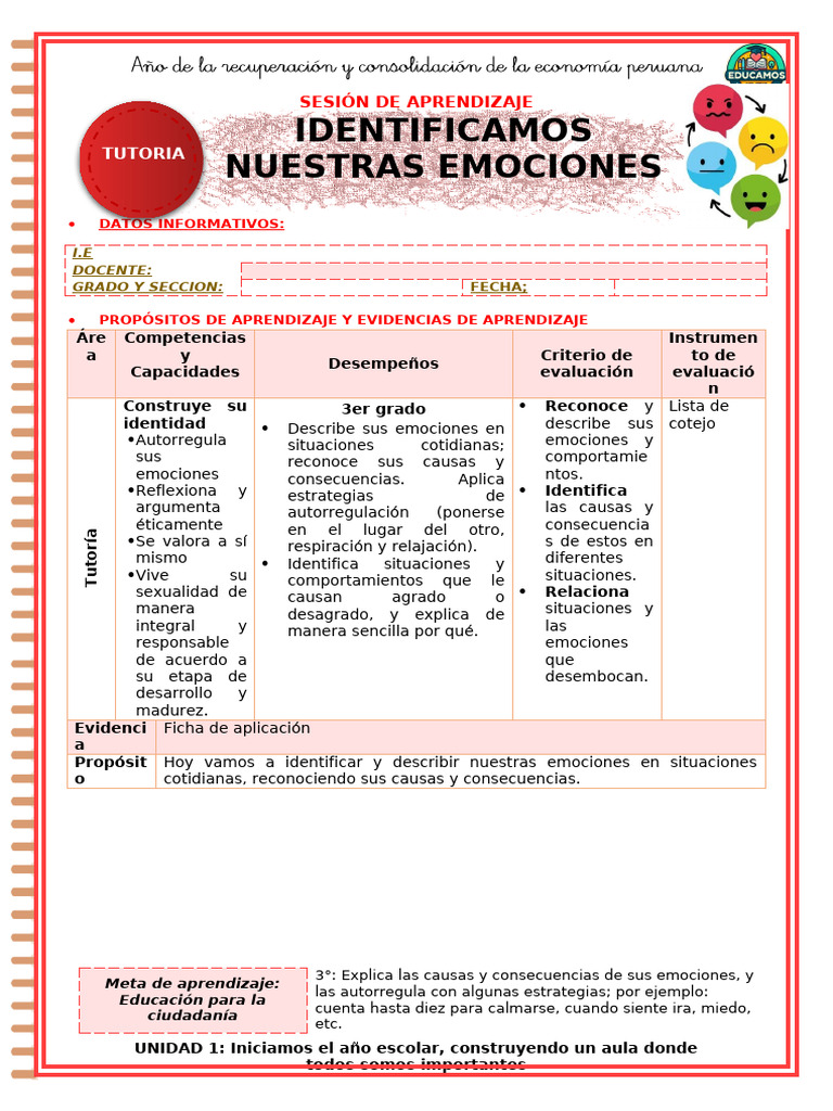 Sesión Tutoria Identificamos Nuestras Emociones | PDF | Las emociones | Aprendizaje