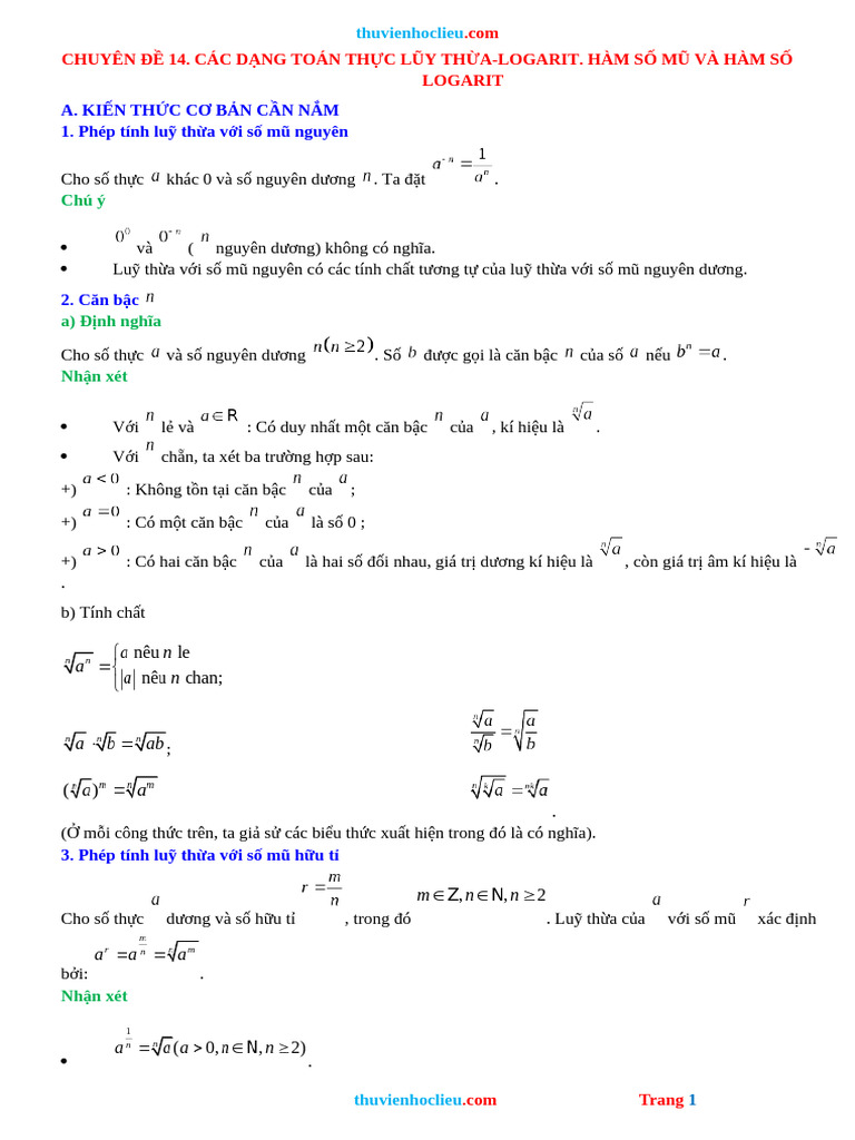 Chuyen de 14 - Thuc Te Luy Thua Mu Va Loga | PDF