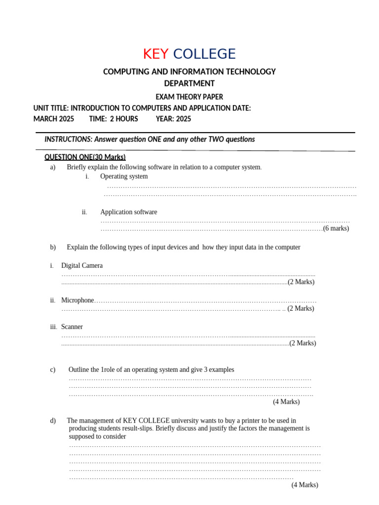 Final Exam Introduction-To-Computers Theory Paper | PDF | Input/Output | Computing