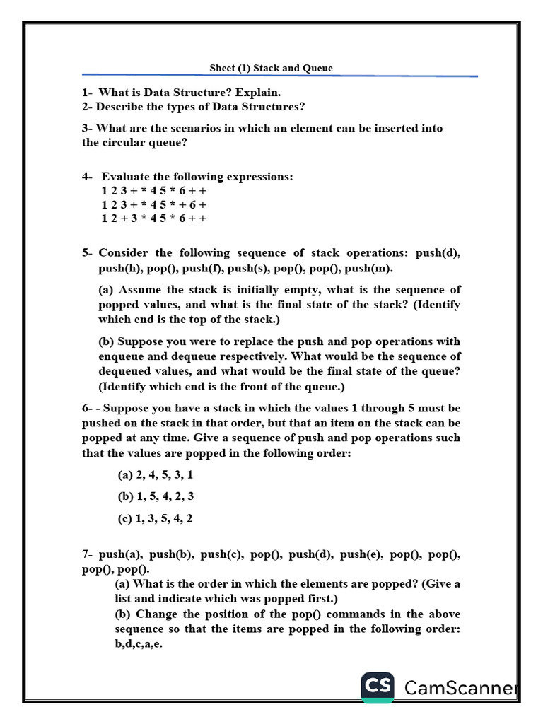 Sheet1,2 Stack Queue | PDF
