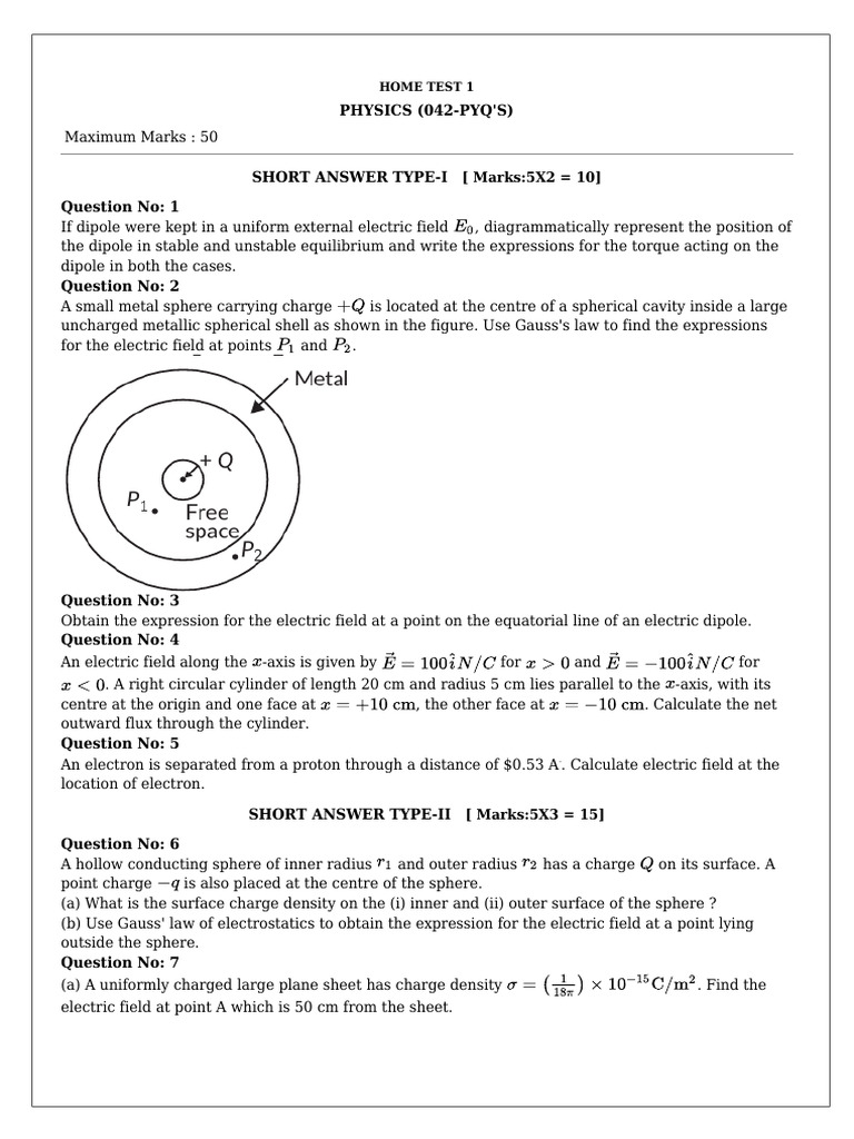 PHYSICS (042-PYQ'S)[10_04_2025] | PDF | Electric Field | Quantity