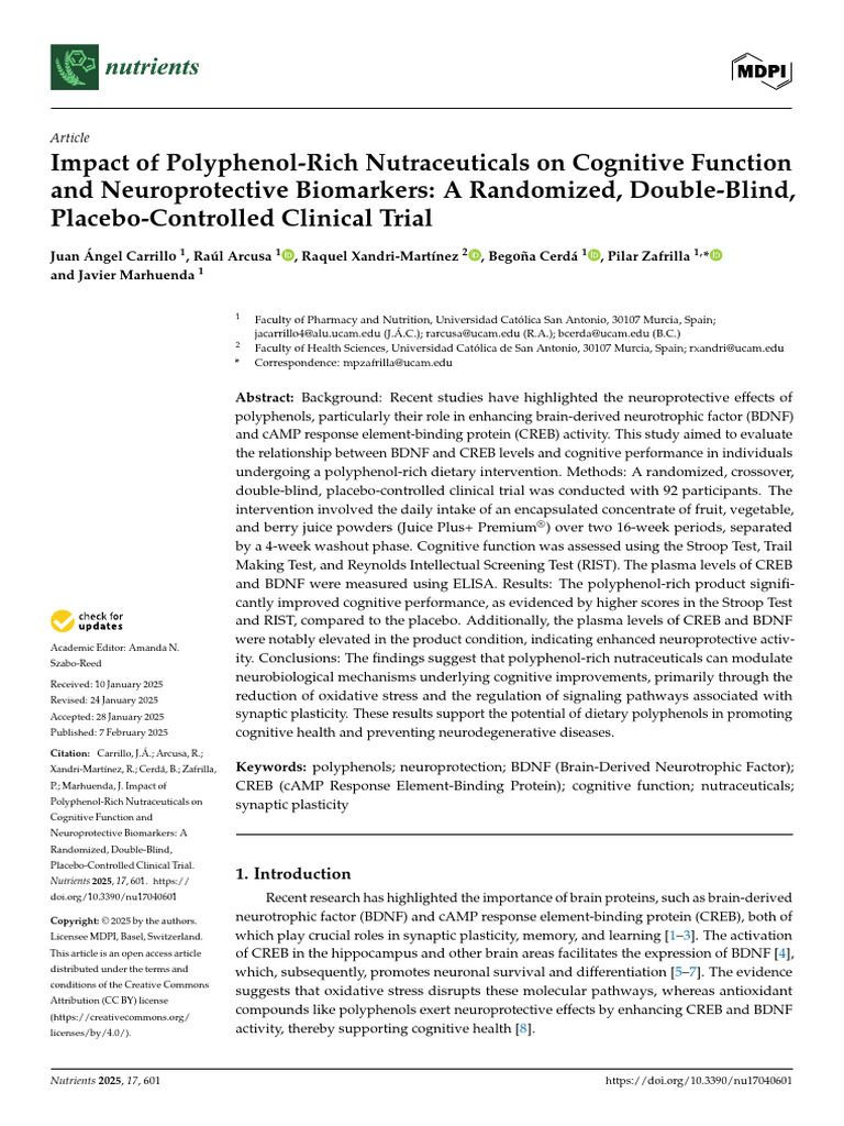 Impact of Polyphenol-Rich Nutraceuticals on Cognitive Function and Neuroprotective Biomarkers. A ...