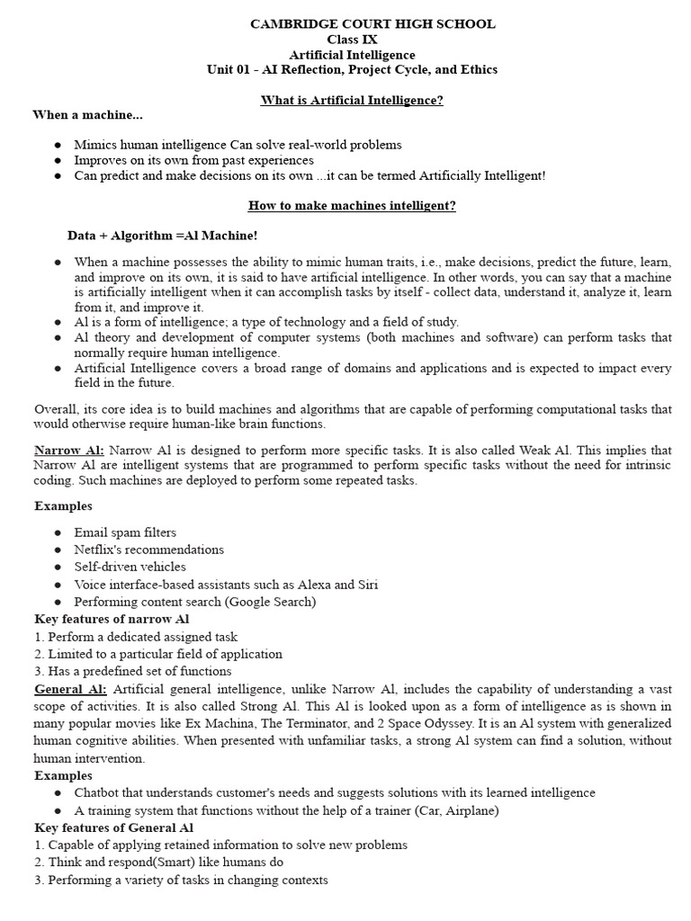 UNIT 01-AI Reflection, Project Cycle and Ethics | PDF | Artificial Intelligence | Intelligence ...