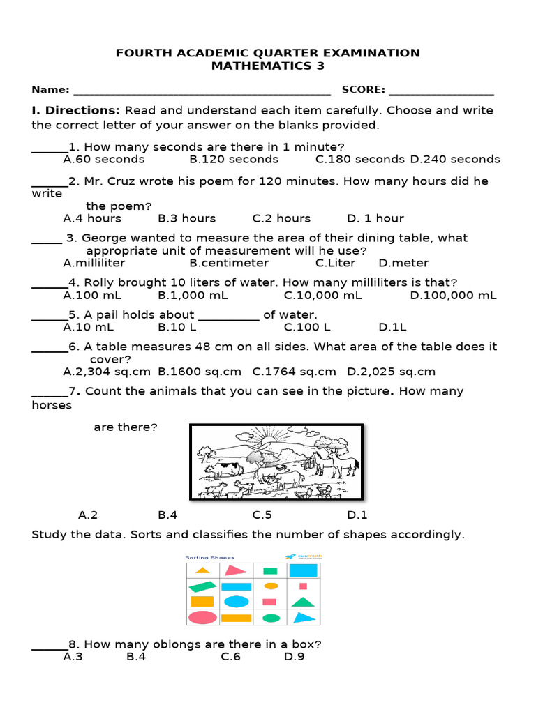 4th Quarter Math 3 Test Khad 2025 | PDF | Area | Litre