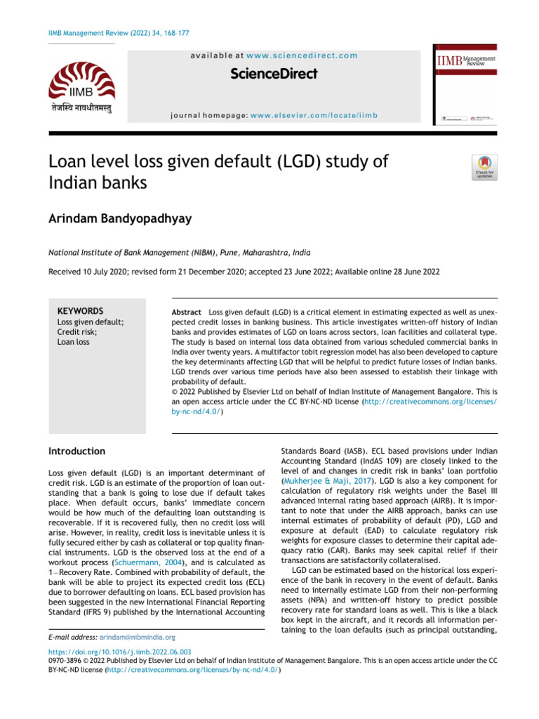 Loan Level Loss Given Default (LGD) Study of Indian Banks | PDF ...