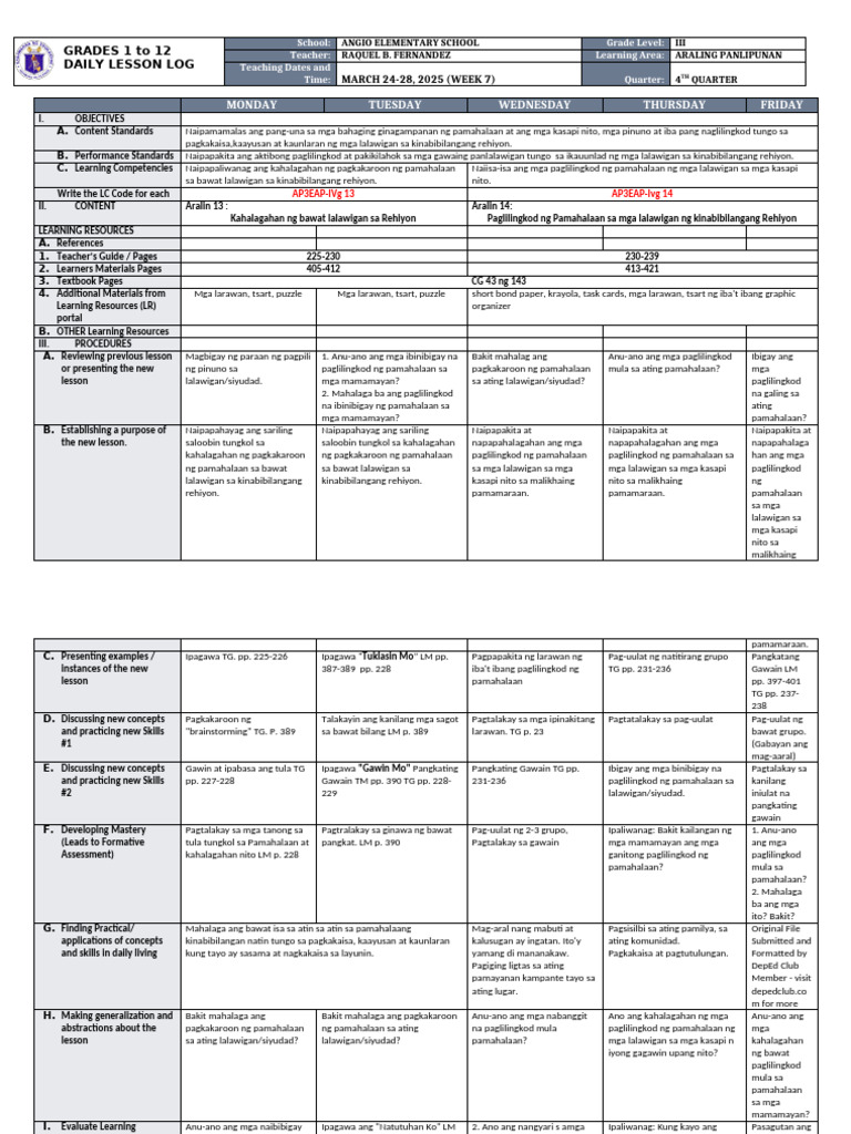 DLL - Araling Panlipunan 3 - Q4 - W7 | PDF