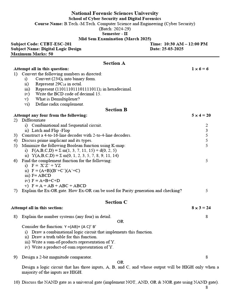 DLD_Question Paper_Mid-Sem_March 2025 | PDF | Logic Gate | Mathematical ...