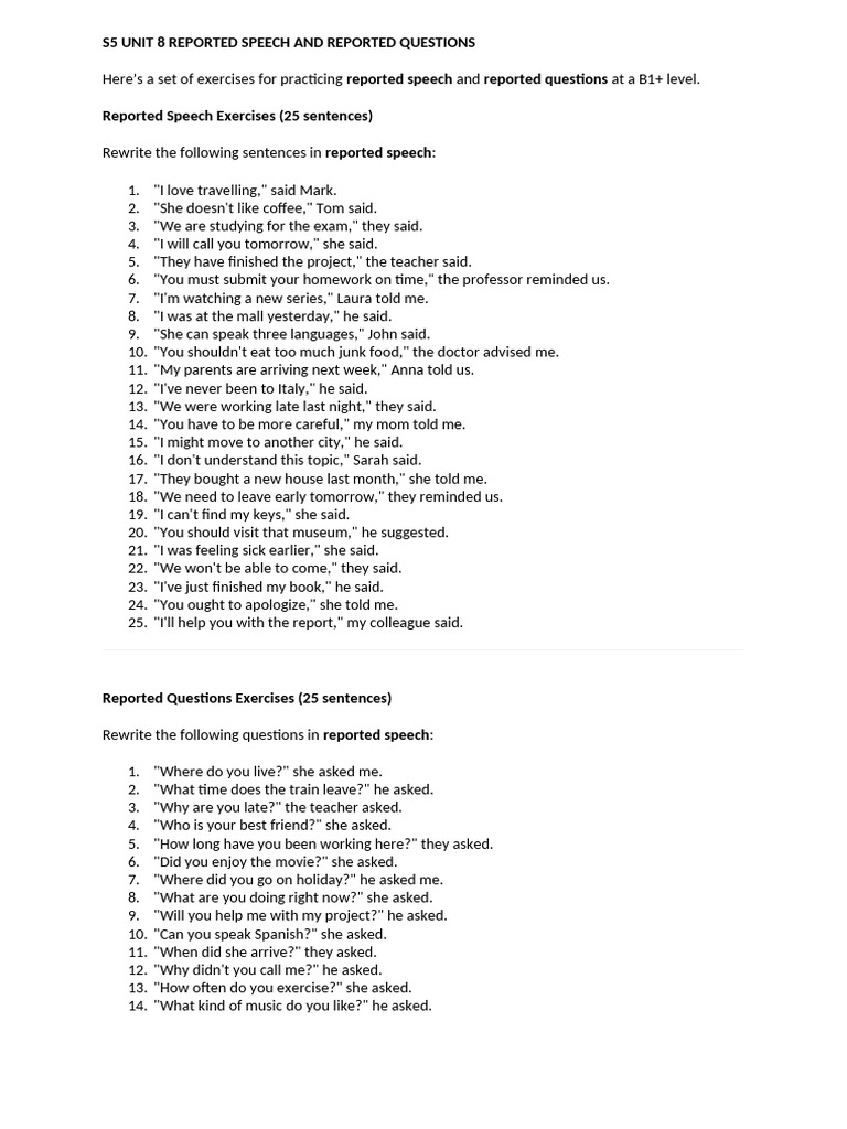Reported Speech & Questions Exercises | PDF