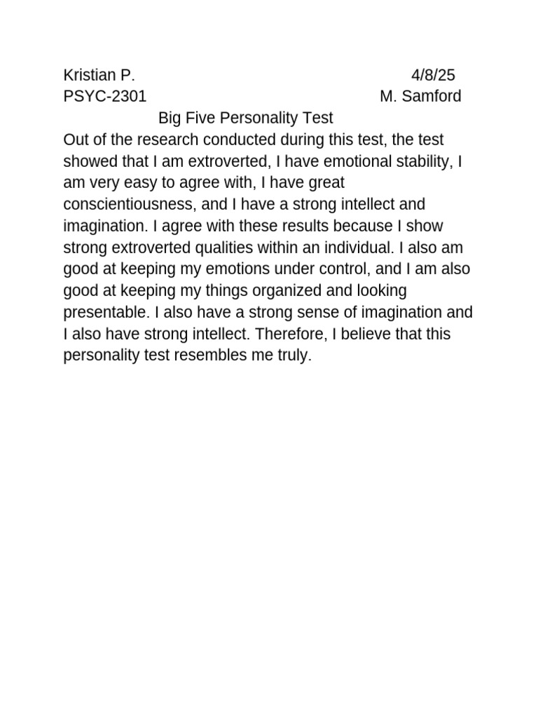 Big Five Personality Test - PSYC-2301 | PDF
