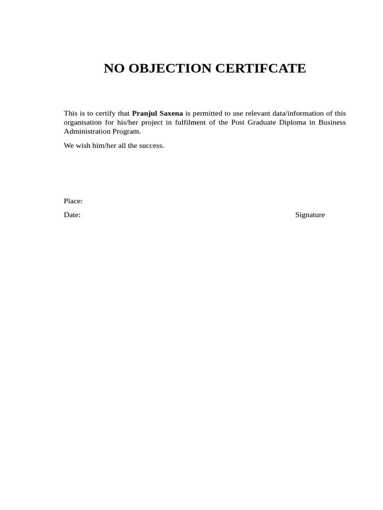 No Objection Certificate for Project Use | PDF