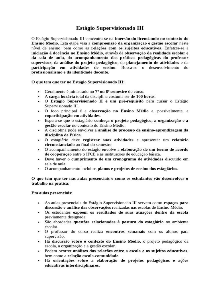 Estágio Supervisionado III no Ensino Médio | PDF | Pedagogia | Aprendizado