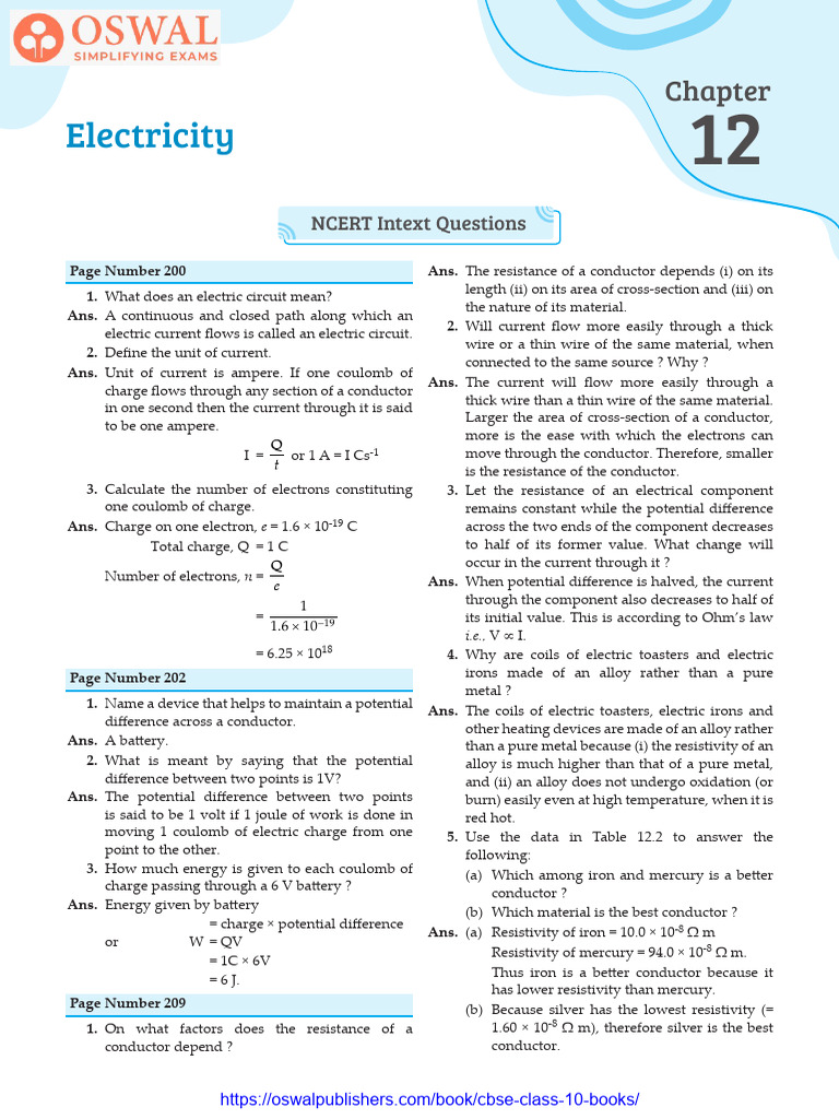 NCERT Solutions For Class 10 Physics Chapter 12 Electricity | PDF ...