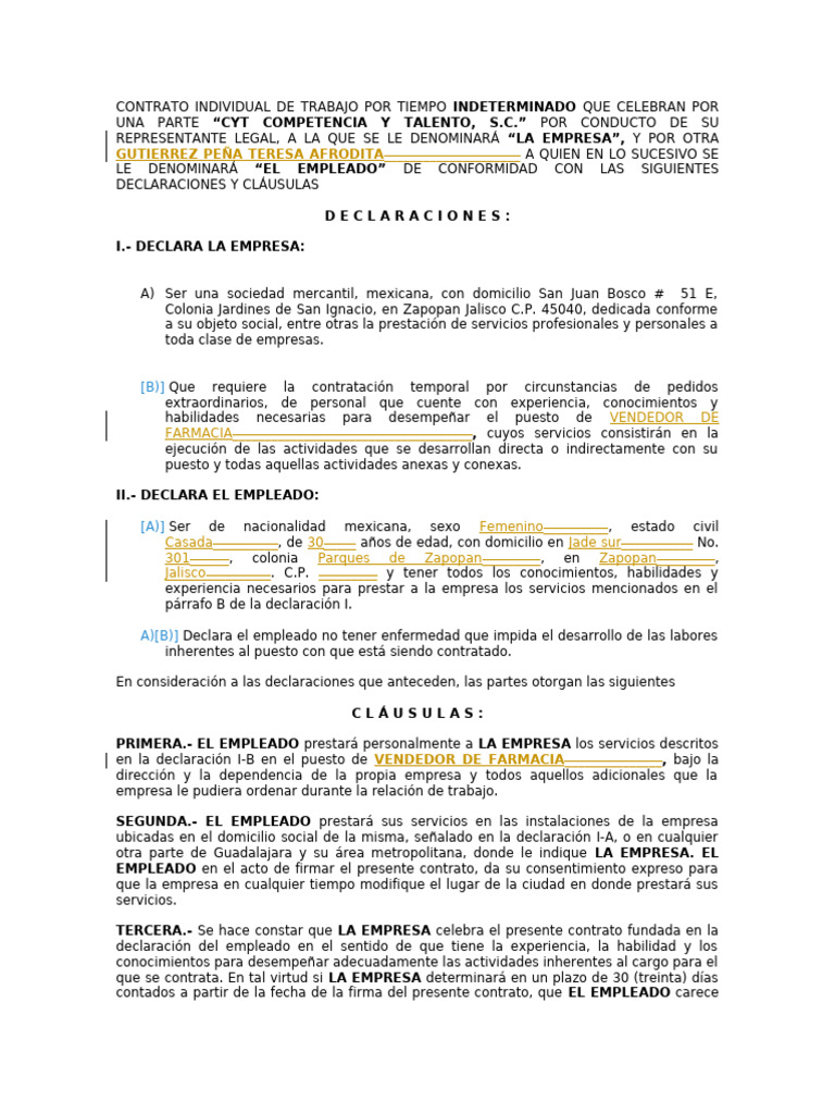 Contrato Individual de Trabajo Por Tiempo Indeterminado | PDF | Seguro | Business