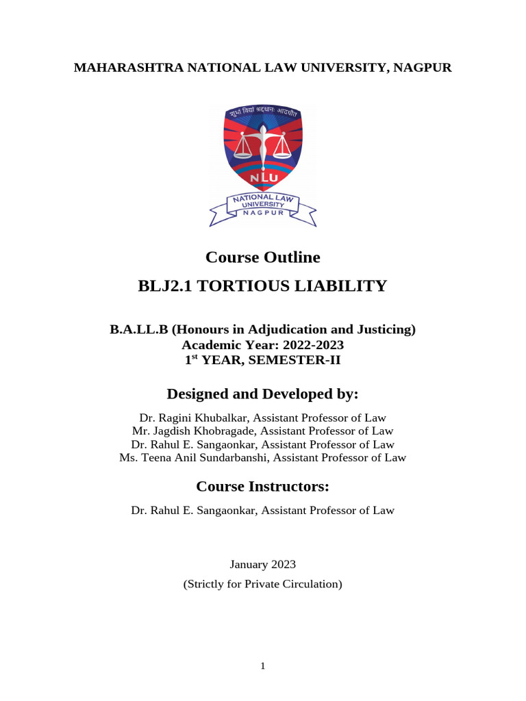 2.1 Tortious Laibility 2023 Course Outline | PDF | Tort | Legal Liability