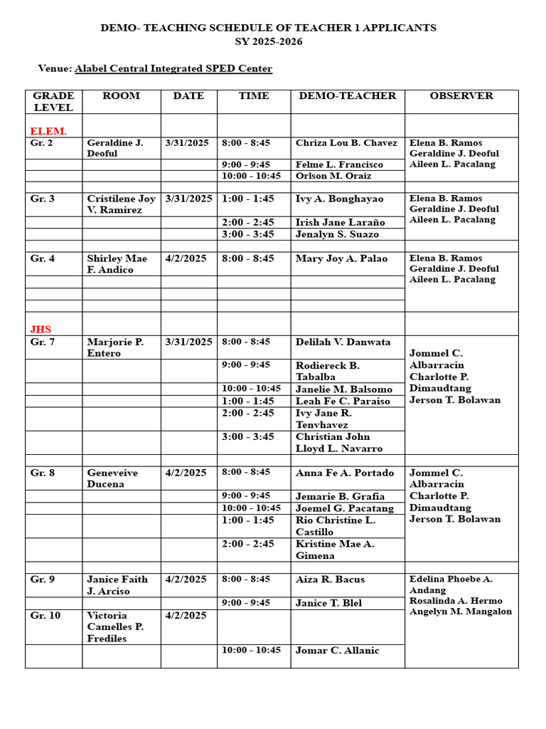 Demo Teaching Schedule SY 2025-2026 | PDF