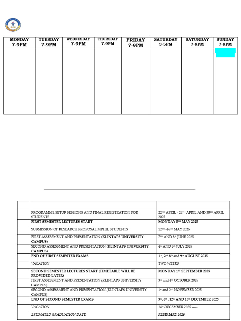 MPH 2024/2025 First Semester Timetable | PDF | Academic Term