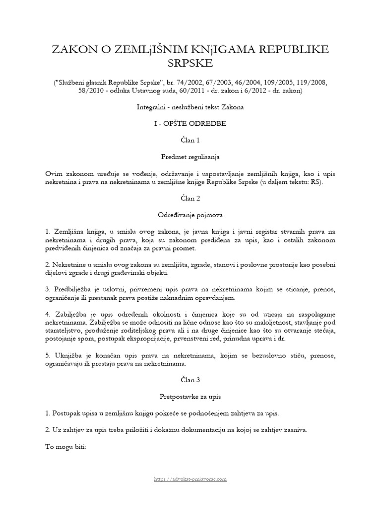 Zakon o Zemljisnim Knjigama Republike Srpske | PDF