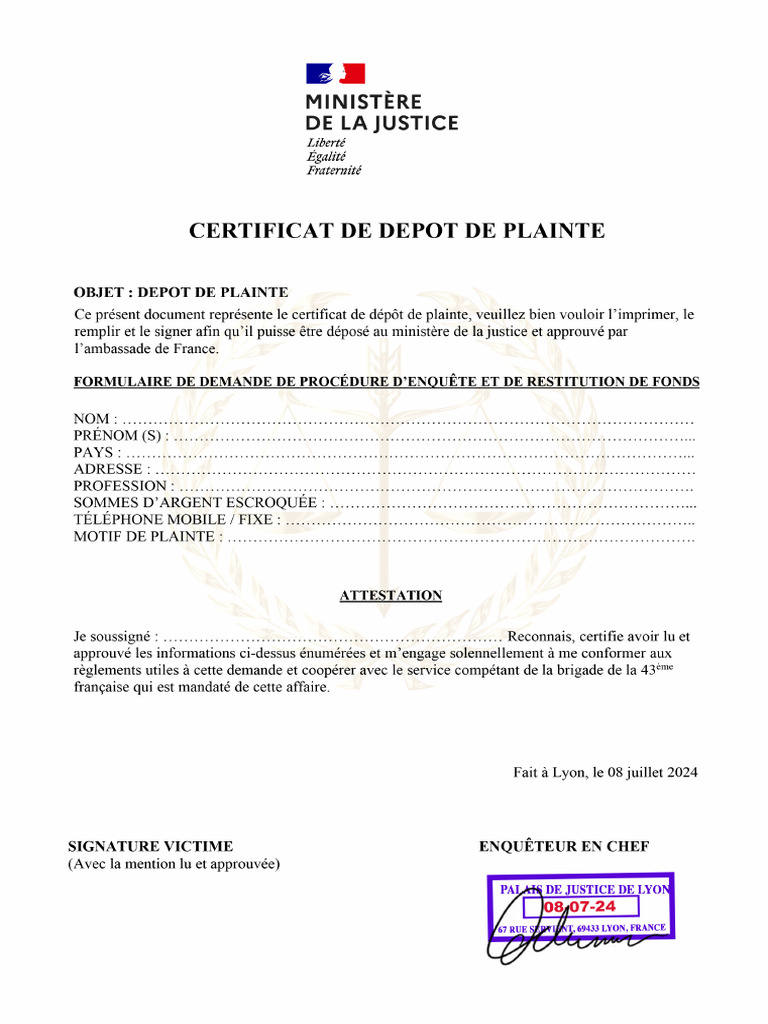Certificat de Plainte | PDF