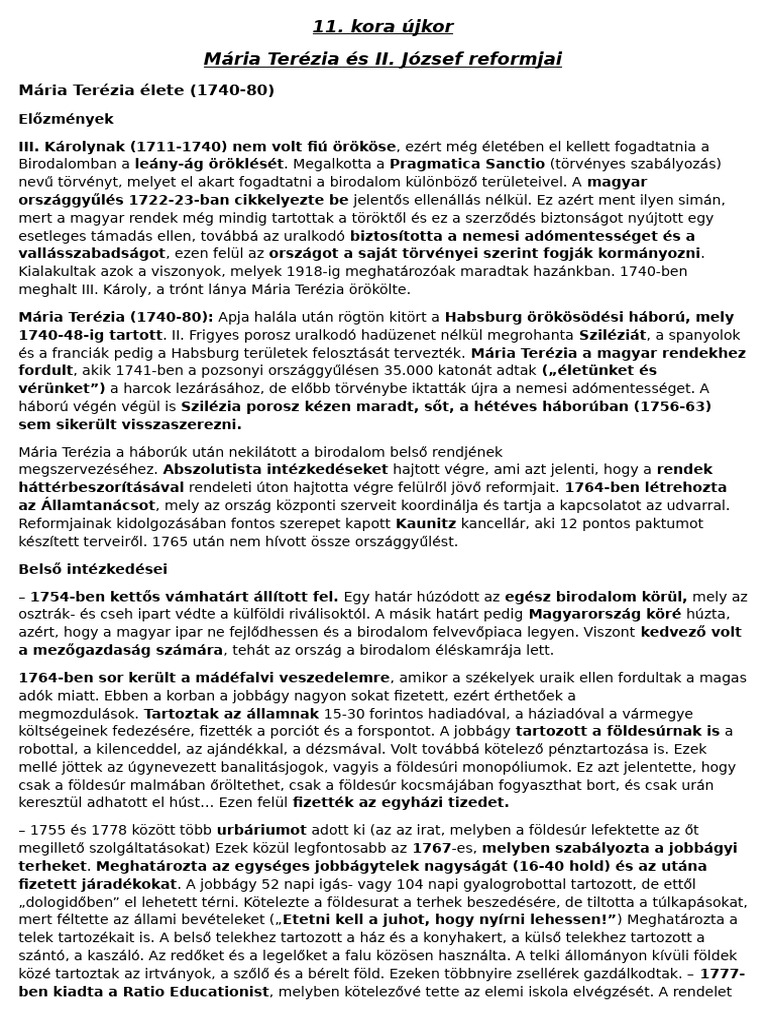 Kora Újkor - Mária Terézia És II. József Reformjai | PDF