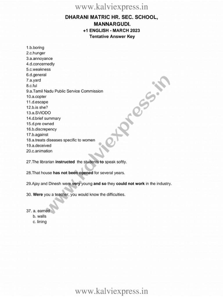 11Th Public Exam Tentative Answer Key March-2023 | PDF