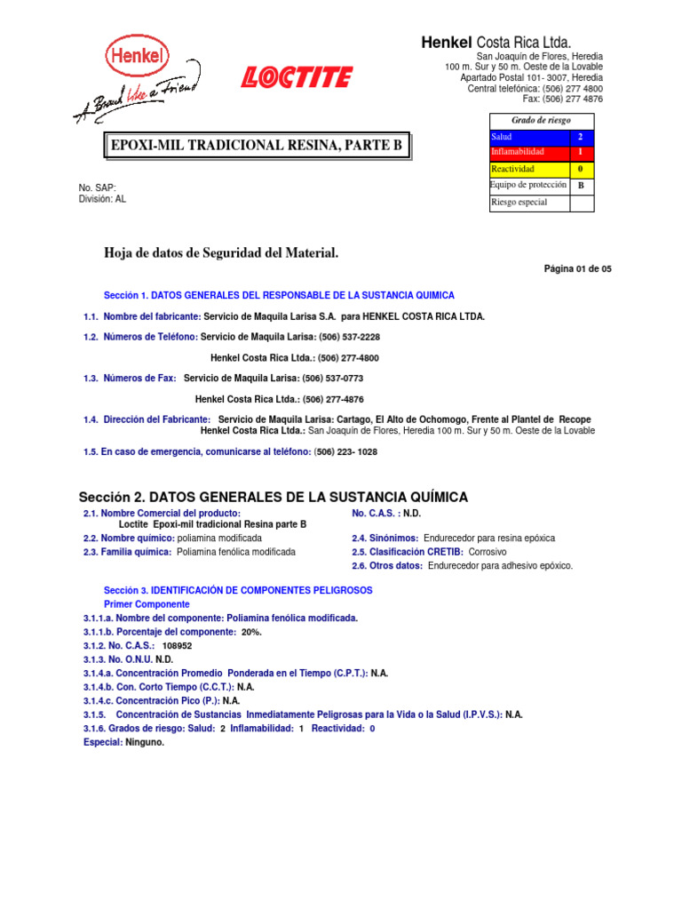 MSDS Epoximil Profesional Resina B Loctite | PDF | Agua | Corrosión