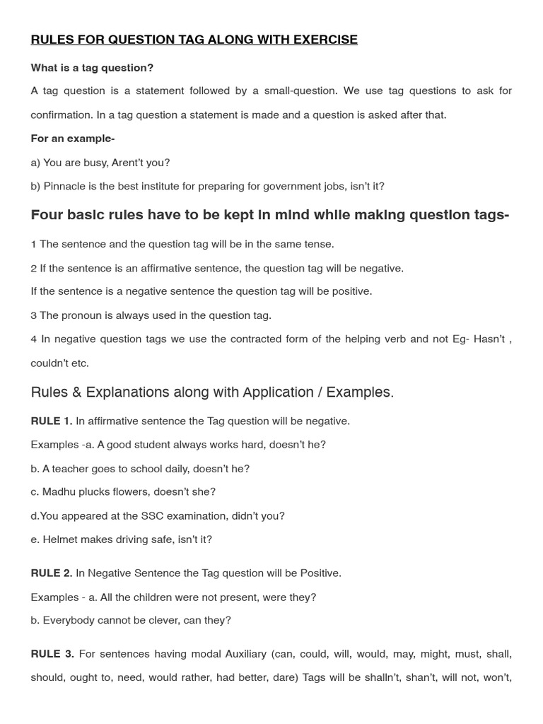 Question Tag Rules and Examples | PDF | Grammatical Number | Question
