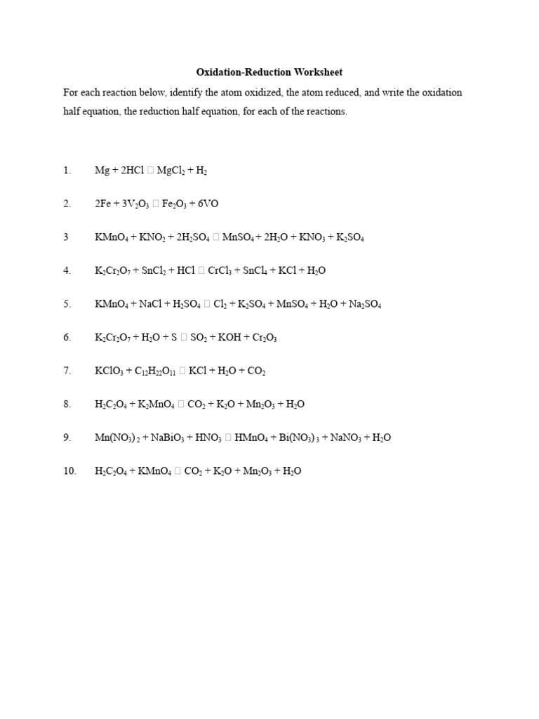 Oxidation-Reduction Reaction Worksheet | PDF