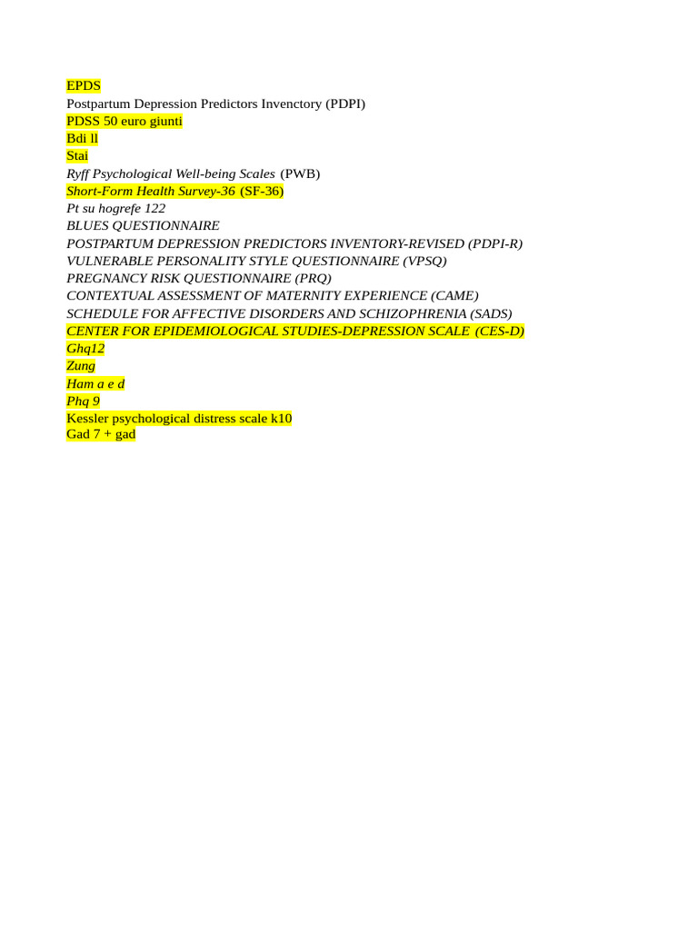 Epds Postpartum Depression Predictors Invenctory (PDPI) PDSS 50 Euro Giunti Bdi LL Stai (PWB ...