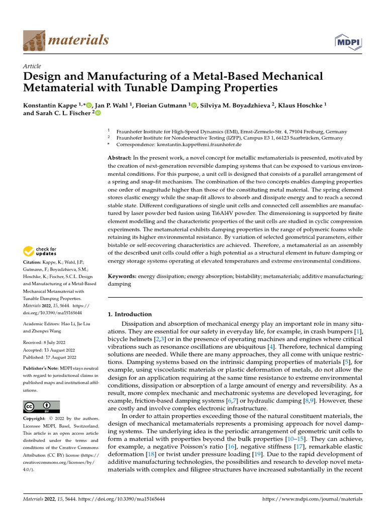 Design and Manufacturing of a Metal-Based Mechanical Metamaterial With Tunable Damping ...